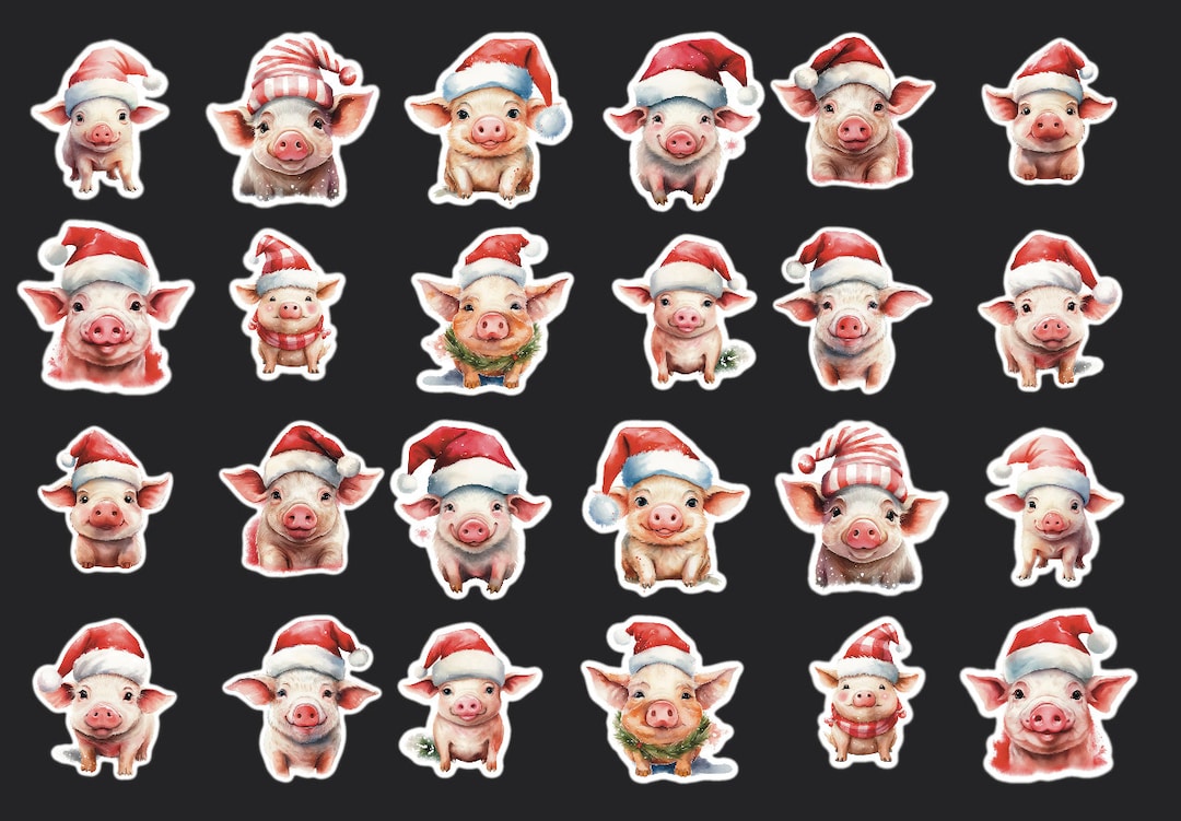 Pig Stickers, Set of 24 Stickers, Christmas Stickers, Pig Santa Sticker ...