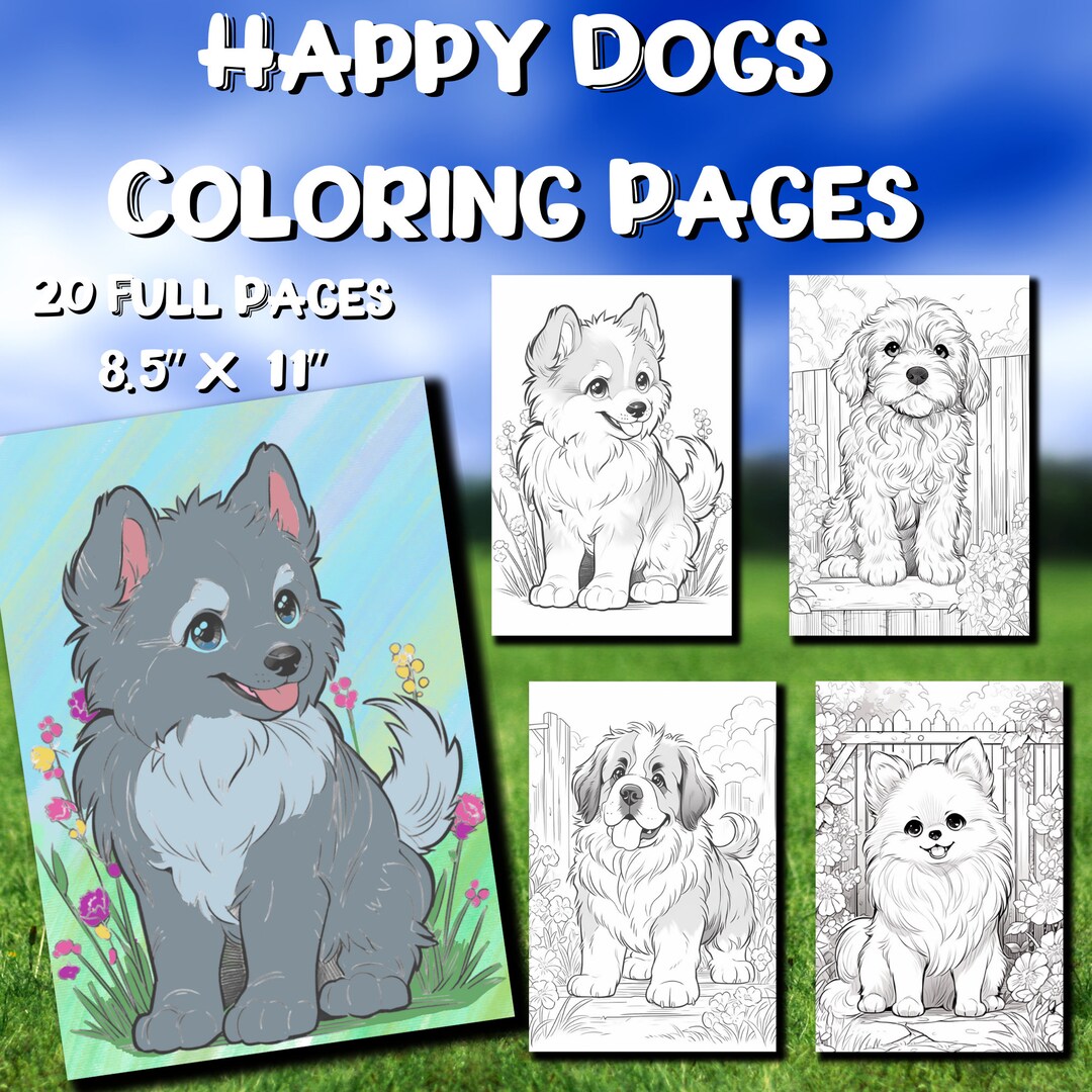 Happy Dogs Coloring Pages: Dog Adult Coloring Book, 20 Digital Coloring ...