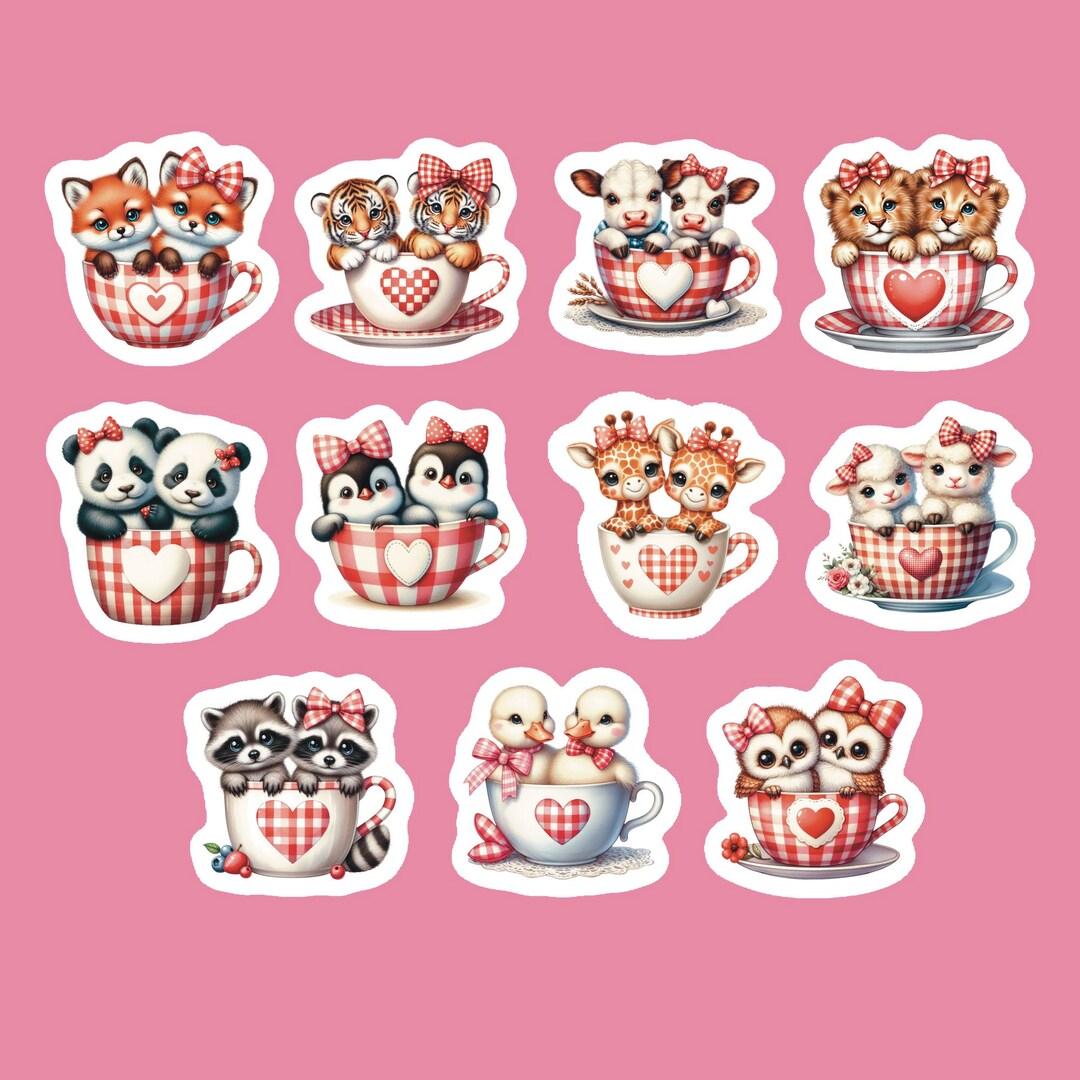 Valentine Animals in Cup Stickers, Set 22 Stickers, Love Stickers ...