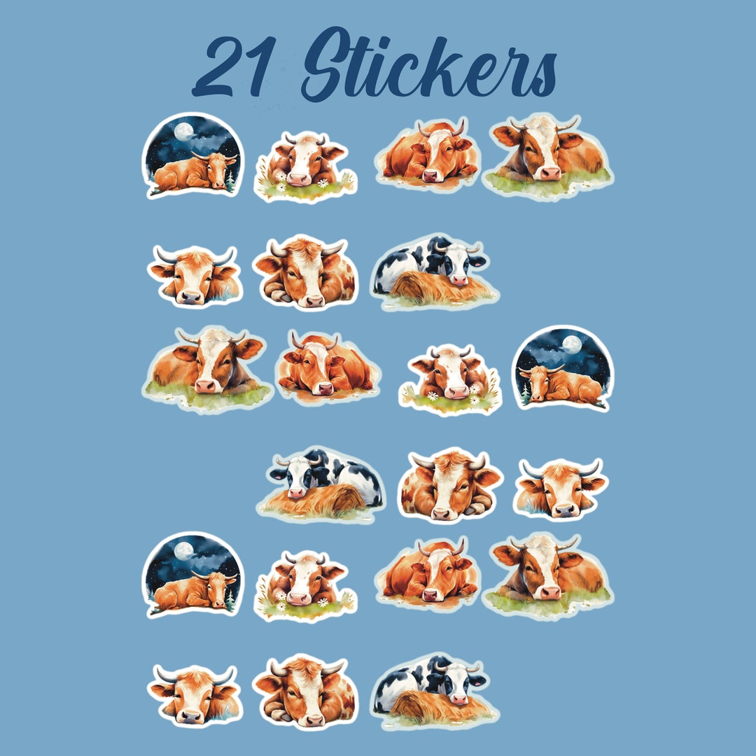 Cow Stickers, Set of 21 Stickers, Sleeping Sticker, Sleeping Cow ...