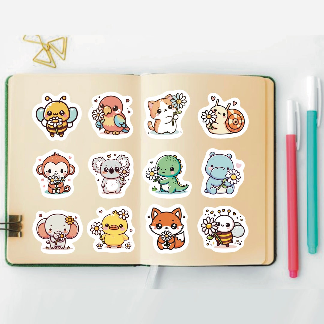 Floral Cartoon Animal Stickers, Set of 24 Stickers, Animal Stickers ...
