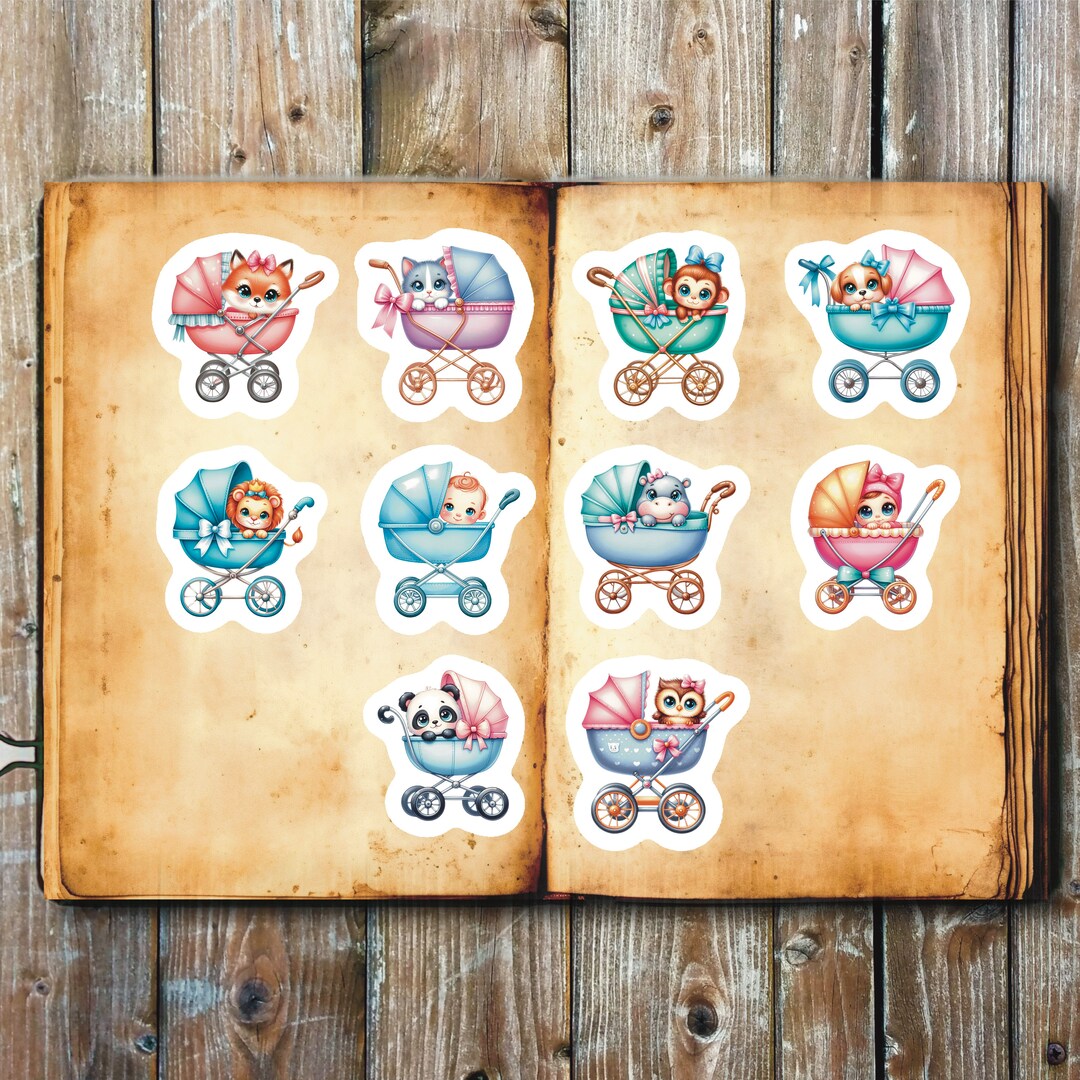 Animals in Stroller Stickers, Set of 20 Stickers, Animal Stickers, Baby ...