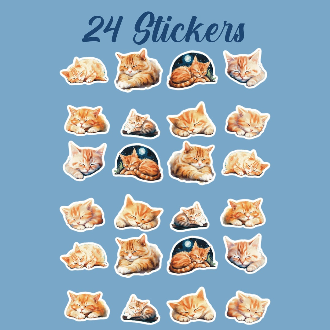Cat Stickers, Set of 24 Stickers, Sleeping Sticker, Kitten Sticker ...