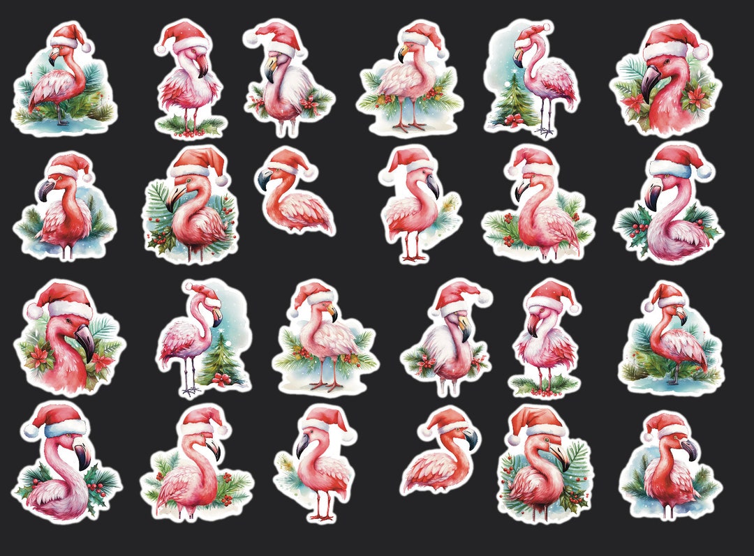 Flamingo Stickers, Set 24 Stickers, Christmas Stickers, Journal Sticker ...