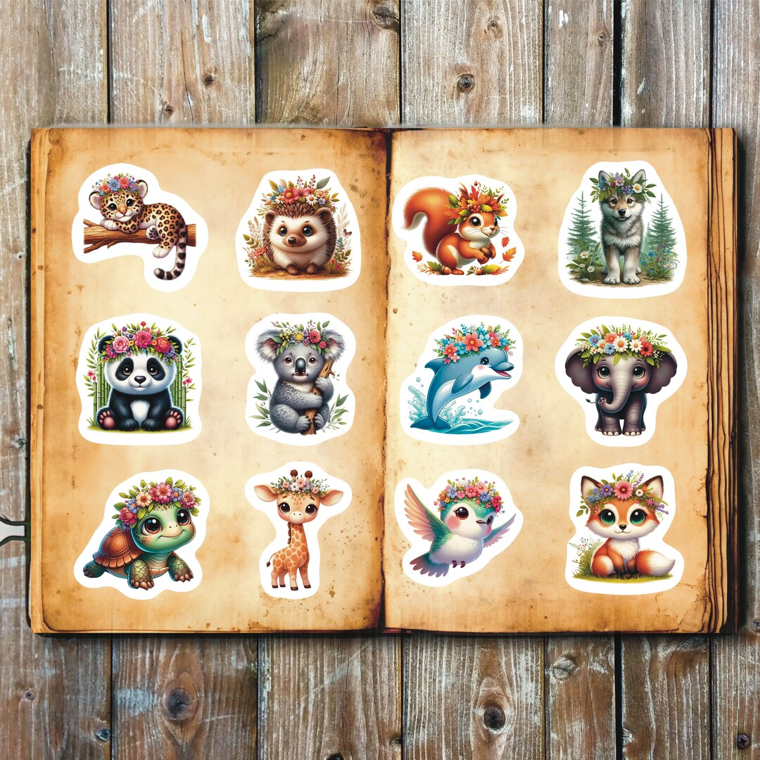 Baby Animal With Flower Crown Stickers, Set of 24 Stickers, Animal ...