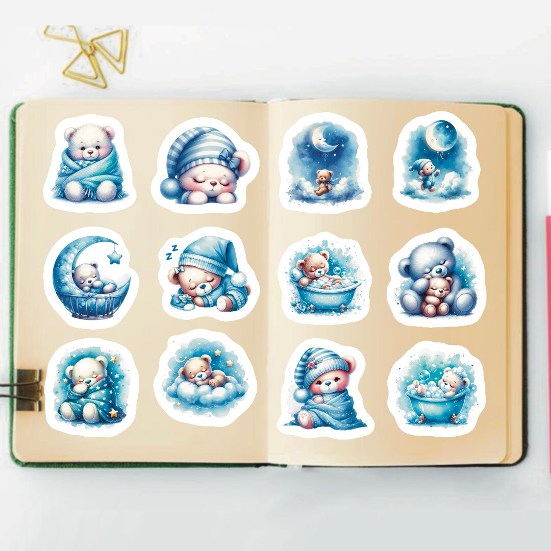 Sleeping Blue Teddy Bear Stickers, Set of 24 Stickers, Nursery Stickers ...