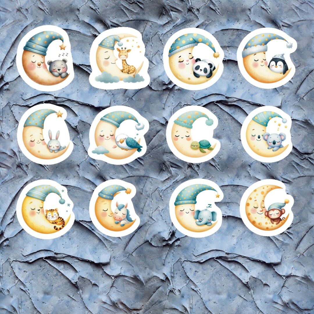 Sleeping Baby Moon Animal Stickers, Set of 24 Stickers, Moon Stickers ...