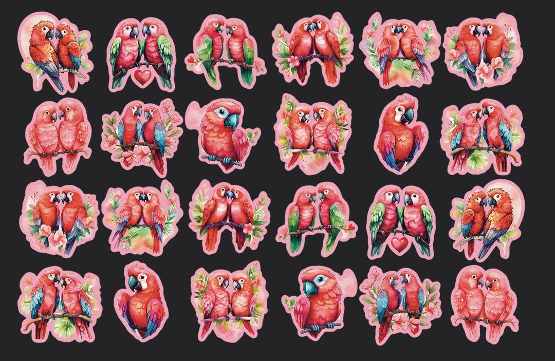 Parrot Stickers, Set 24 Stickers, Valentine Sticker, Love Sticker ...