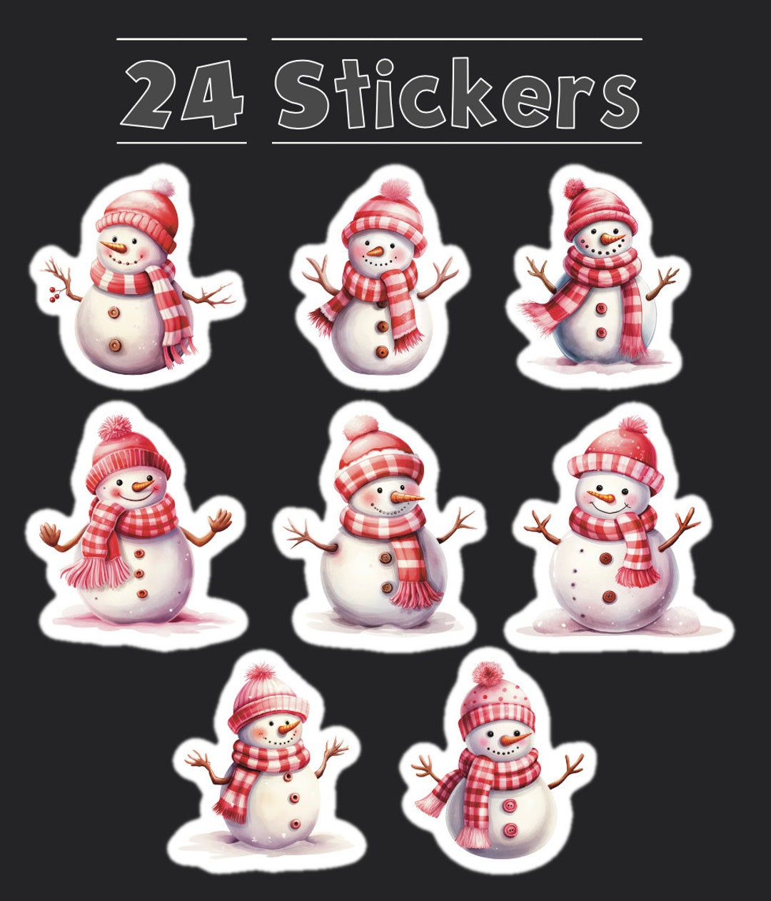 Red Snowmen Stickers, Set of 24 Stickers, Christmas Stickers, Snowmen ...