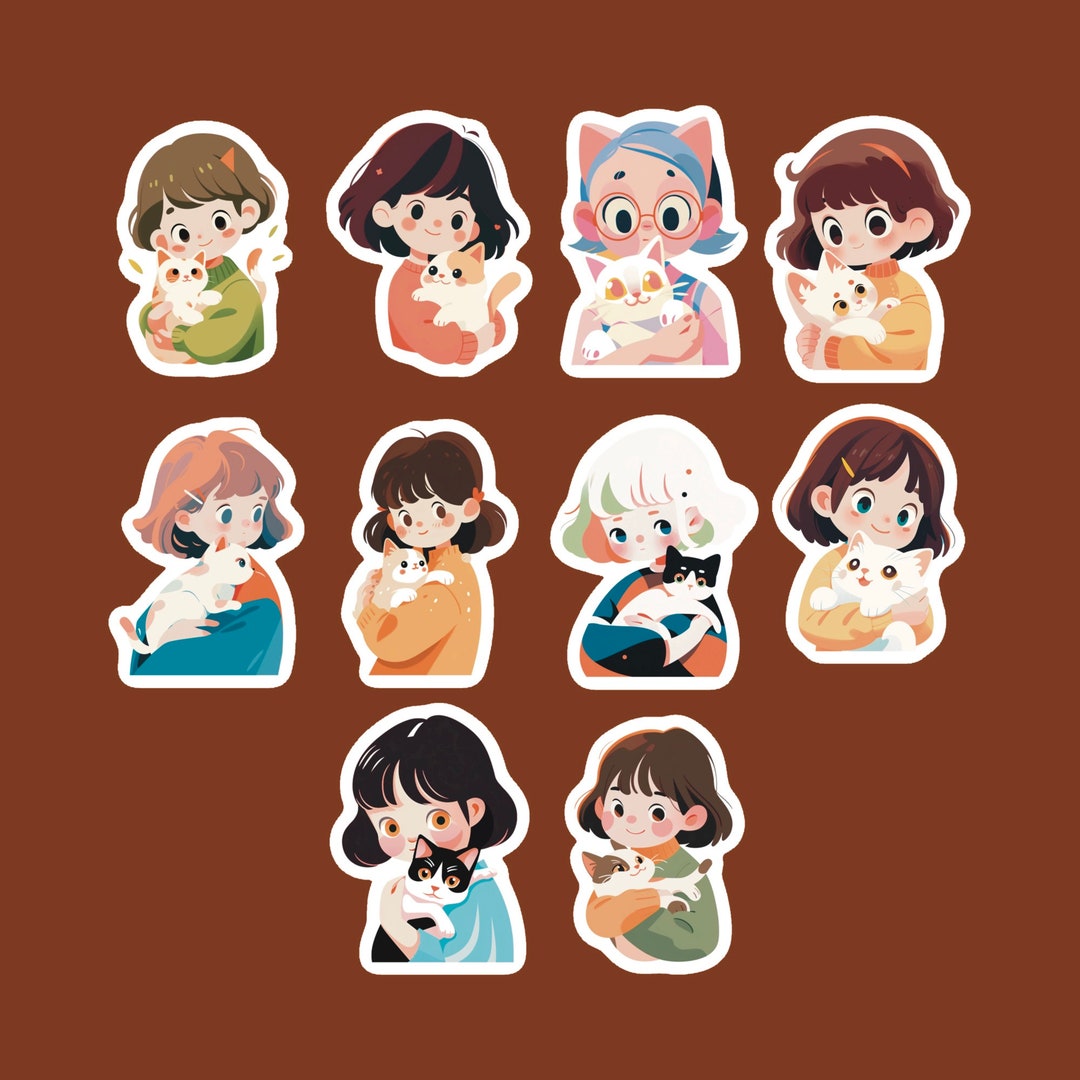 Anime Girl Holding Cat Stickers, Set of 20 Stickers, Cat Sticker, Girl ...