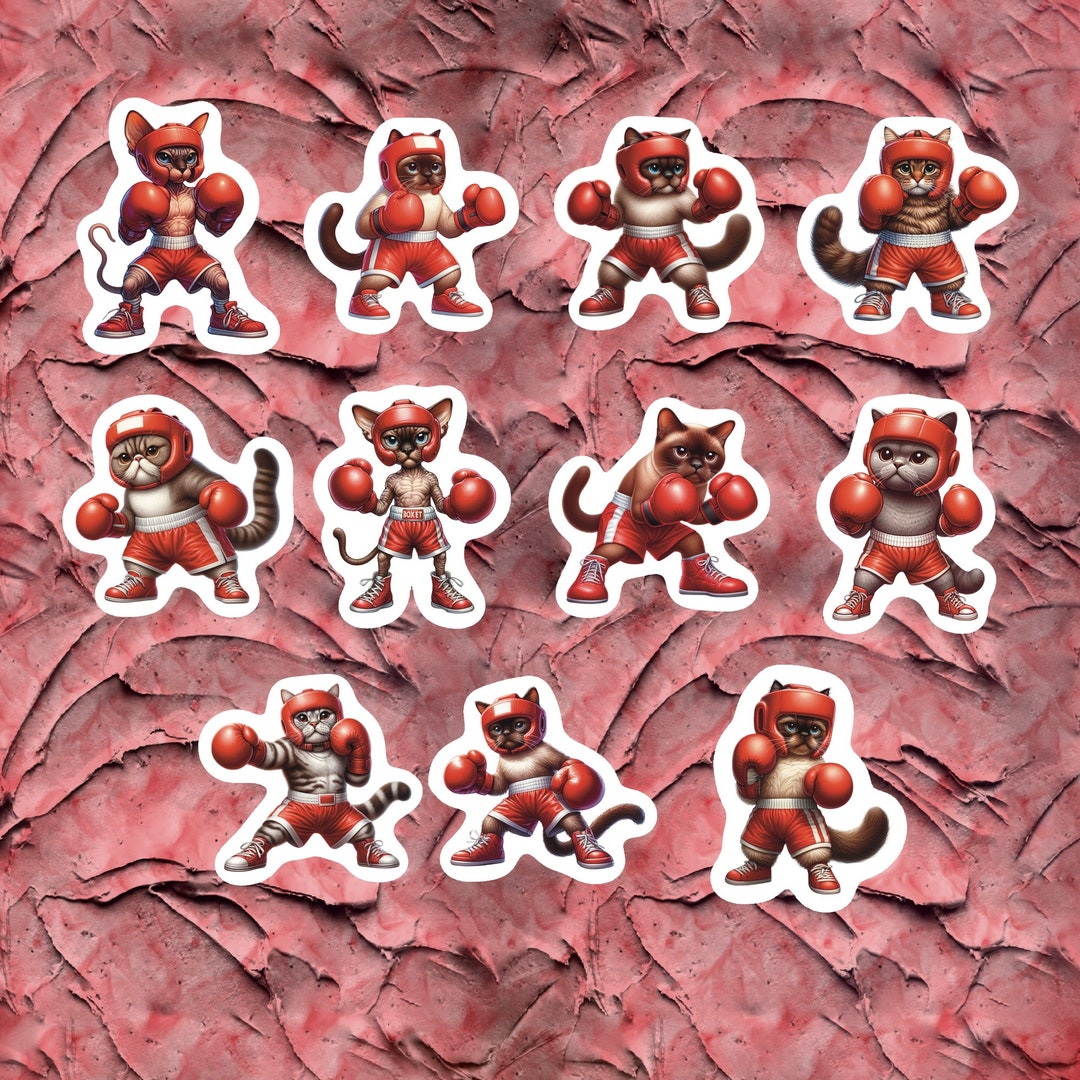 Boxing Cat Stickers, Set of 22 Stickers, Cat Stickers, Boxing Stickers ...