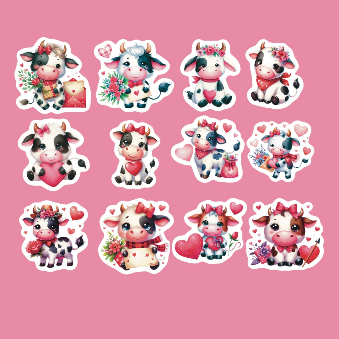 Valentine Cow Stickers, Set of 24 Stickers, Baby Cow Sticker, Cow ...