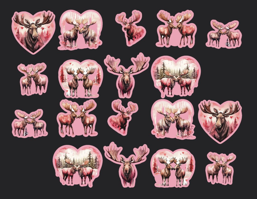 Moose Stickers, Set of 18 Stickers, Valentine Sticker, Cute Moose ...