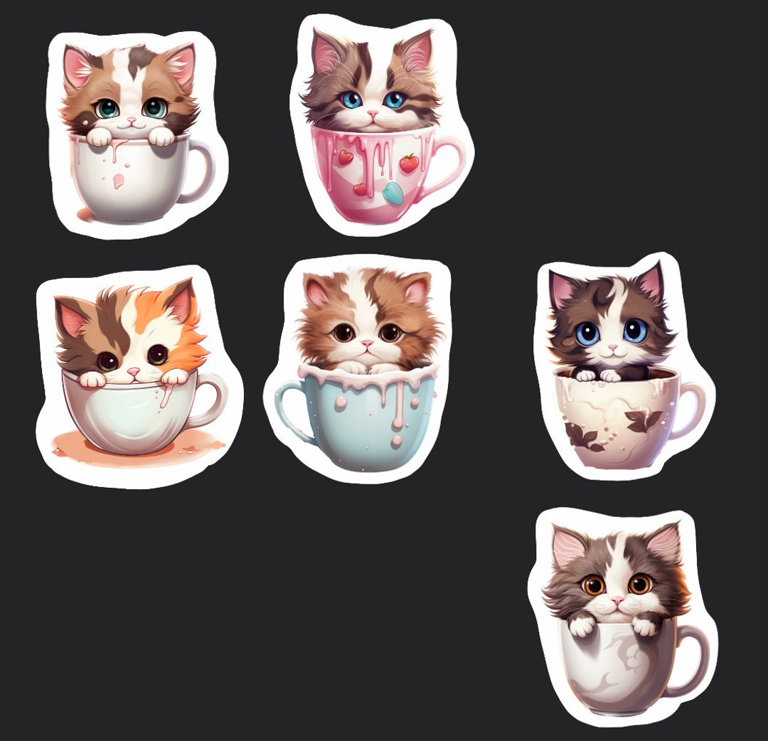 Coffee Cup Cat Stickers, Set 24 Stickers, Kitten Sticker, Die Cut ...