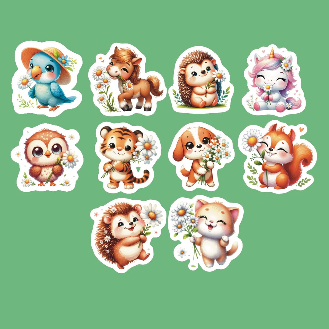 Floral Baby Animal Stickers, Set of 20 Stickers, Daisy Flower Sticker ...