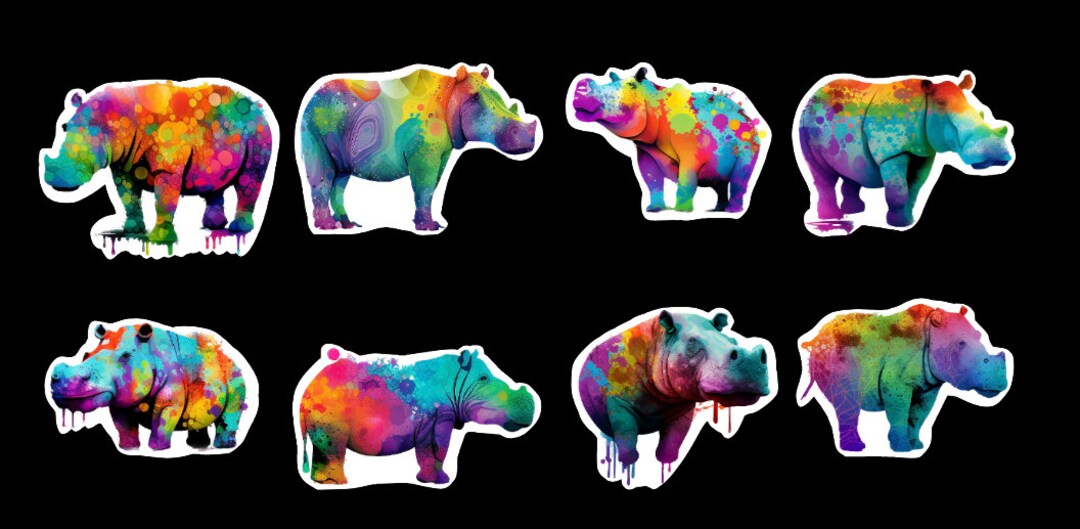 Hippo Tie Dye, Set of 24 Stickers, Sticker, Die Cut Sticker, Watercolor ...
