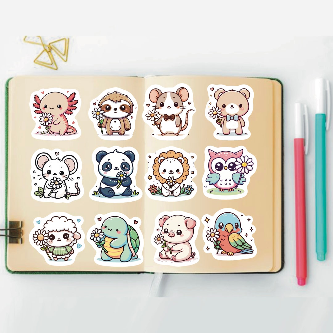 Baby Animals With Flower Stickers, Set of 24 Stickers, Baby Animals ...