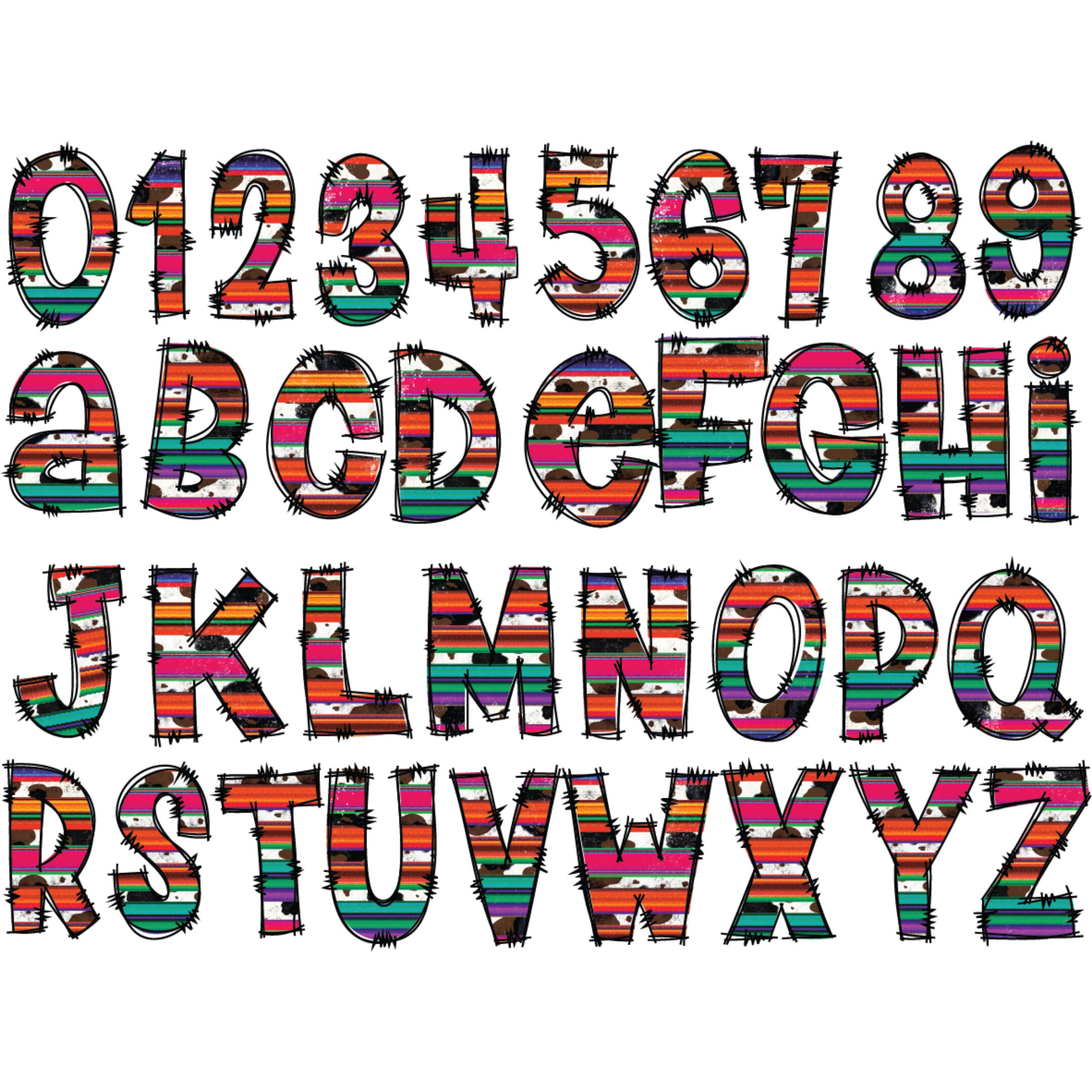Serape Doodle Letters & Number PNG Cow Print Sketch Font - Etsy