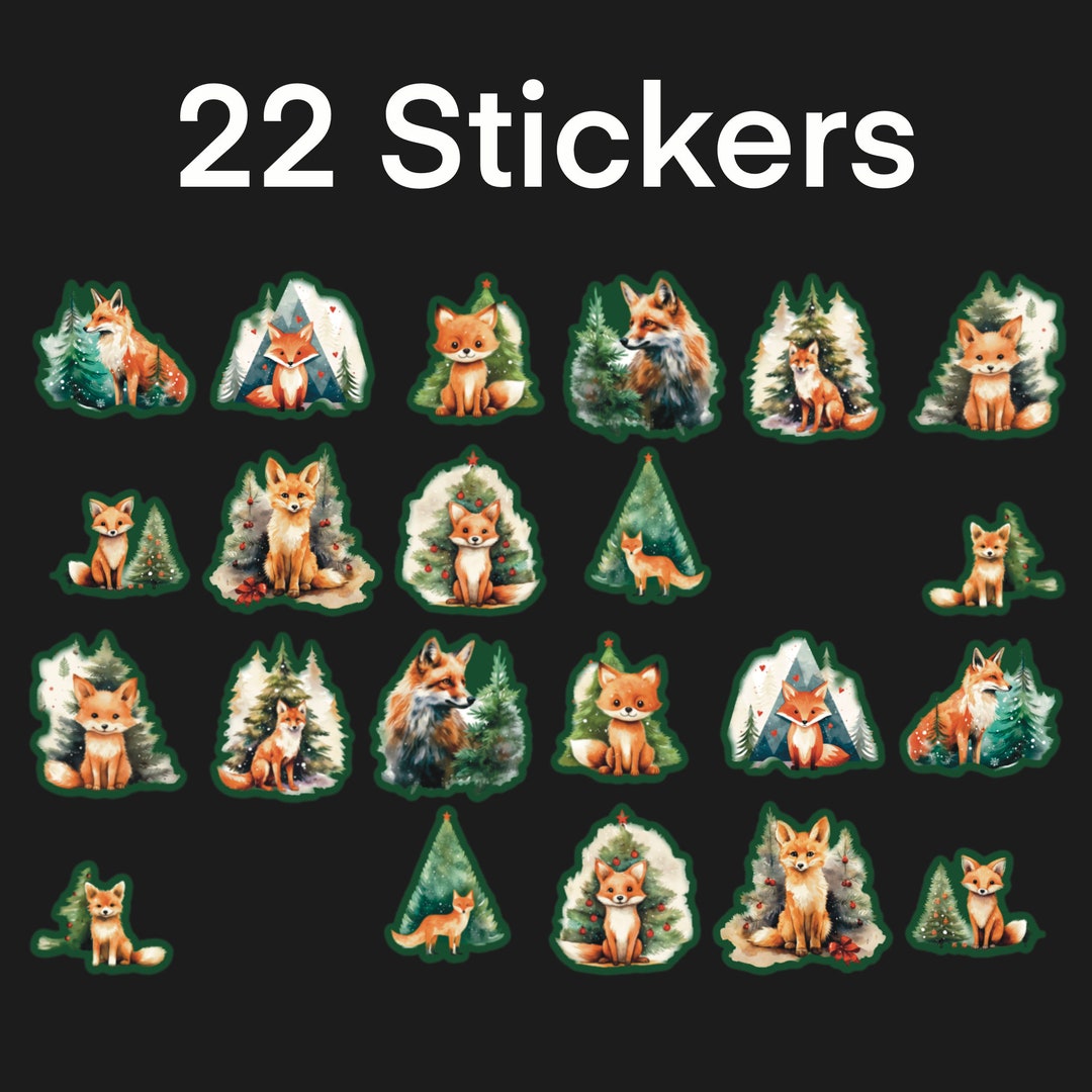 Fox Christmas Stickers, Set 22 Stickers, Christmas Stickers, Christmas ...