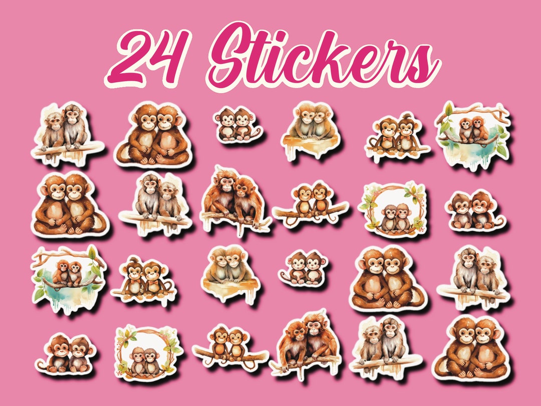 Monkey Stickers, Set of 24 Stickers, Love Stickers, Couple Sticker ...