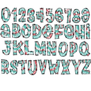 Aqua, Coral Tie Dye Doodle Letter PNG With Doodle Outline, Hippie Font ...