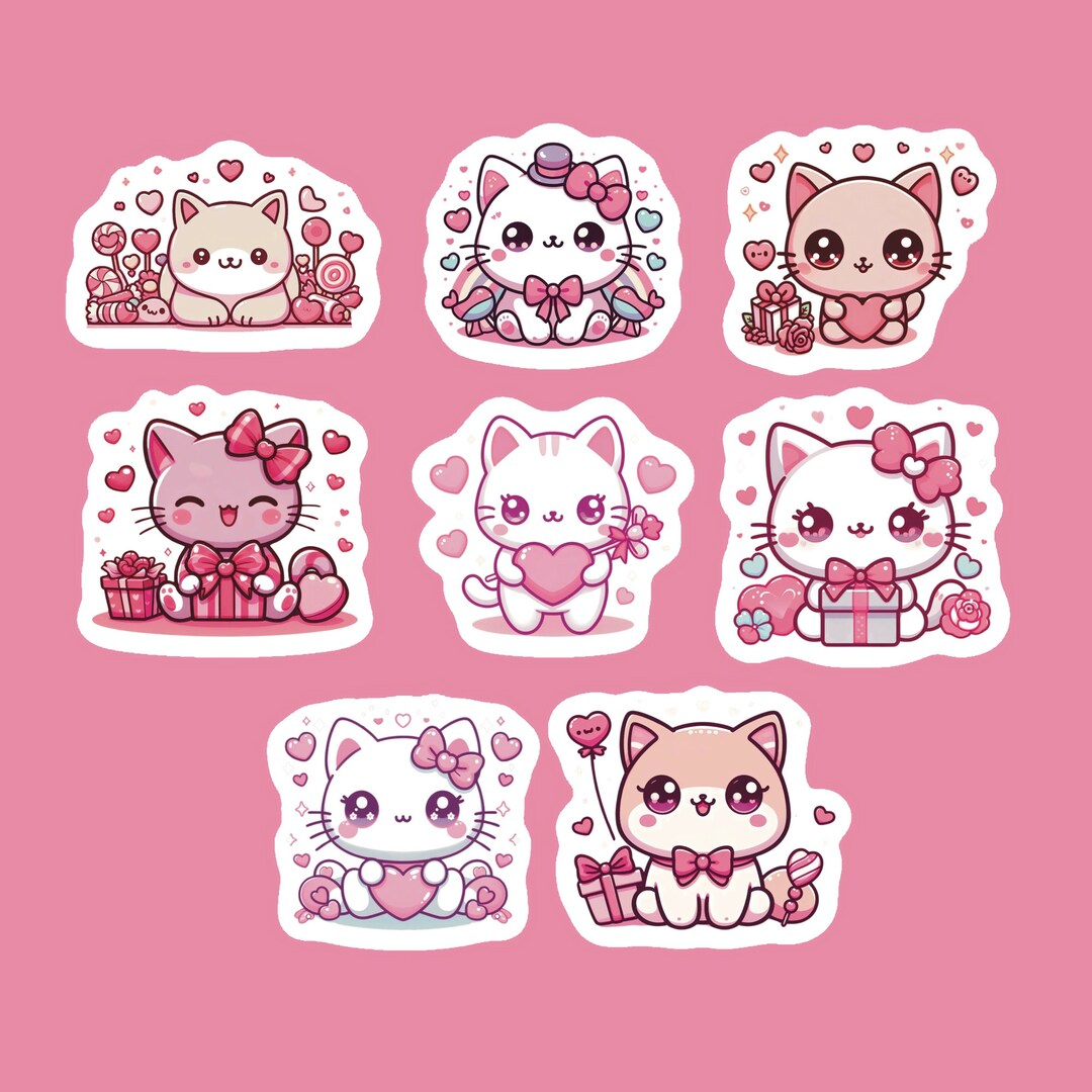 Kawaii Cat Stickers, Set of 24 Stickers, Kitten Stickers, Valentine ...