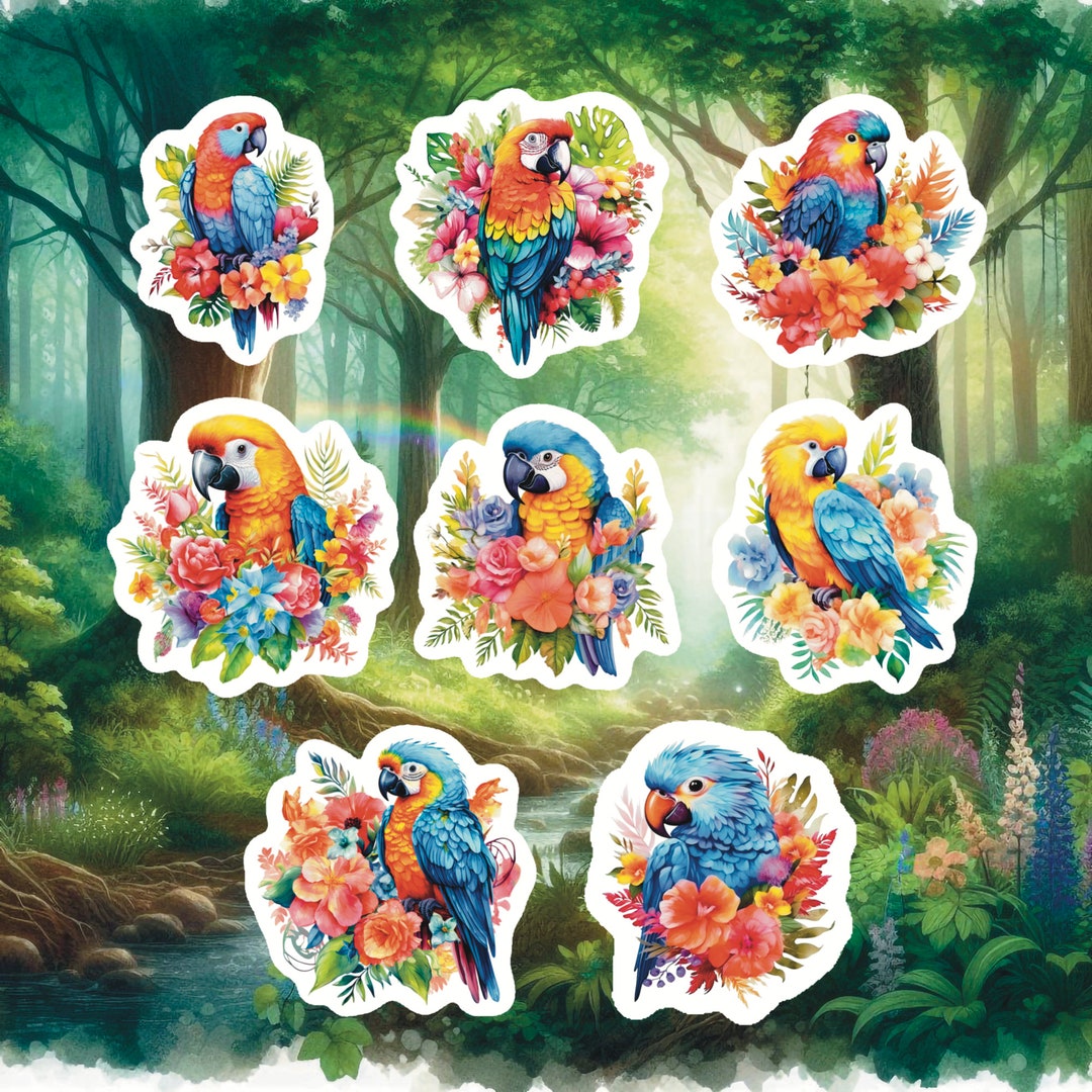 Parrot Stickers, Set of 24 Stickers, Bird Stickers, Tropical Bird ...