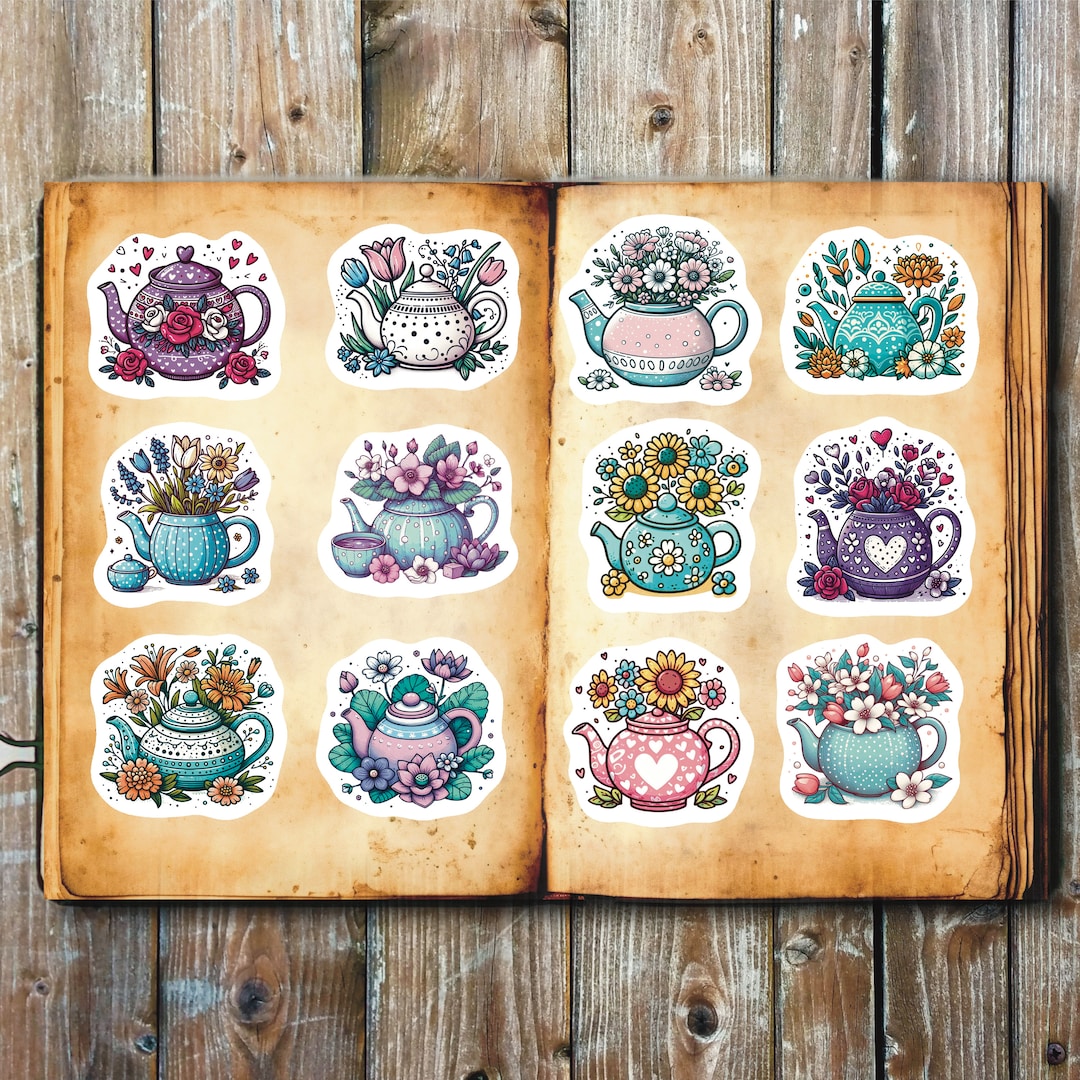 Nordic Teapot Stickers, Set of 24 Stickers, Floral Stickers, Teapot ...