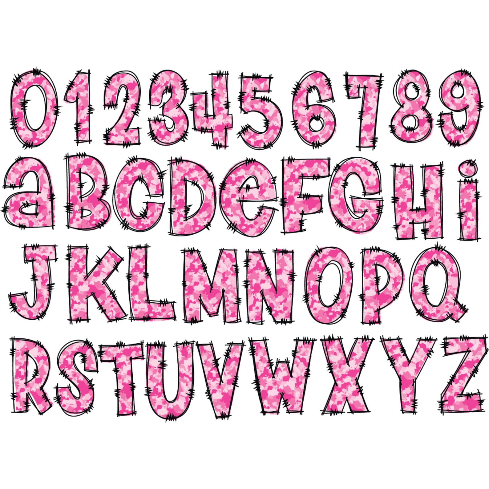 Pink Camo Doodle Letters PNG With Doodle Outline Army Font - Etsy