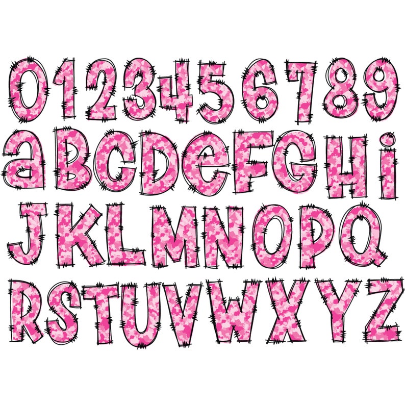 Pink Camo Doodle Letters PNG With Doodle Outline Army Font - Etsy