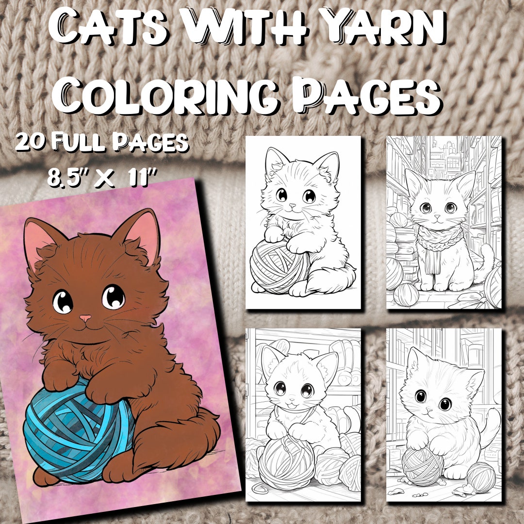 Cats With Yarn Coloring Pages: Kitten Adult Coloring Book, 20 Digital ...