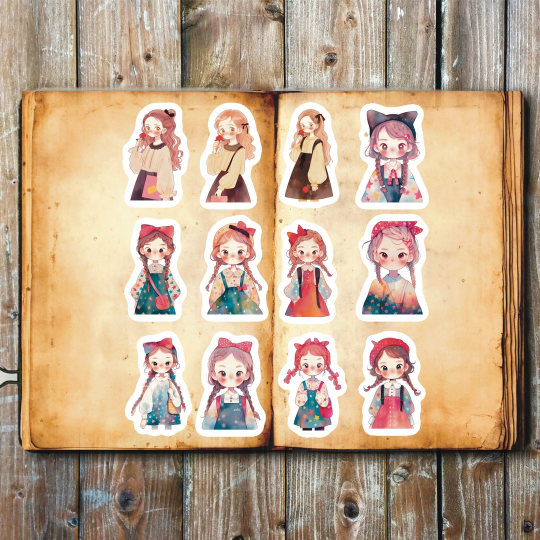 Anime Girl Stickers, Set of 24 Stickers, Girl Stickers, Braided Hair ...