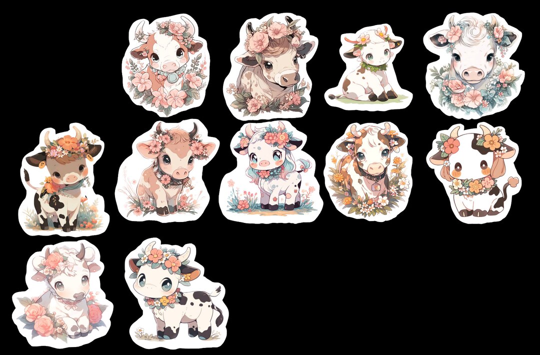 Anime Flower Cows , Set of 22 Stickers, Sticker, Die Cut Sticker ...