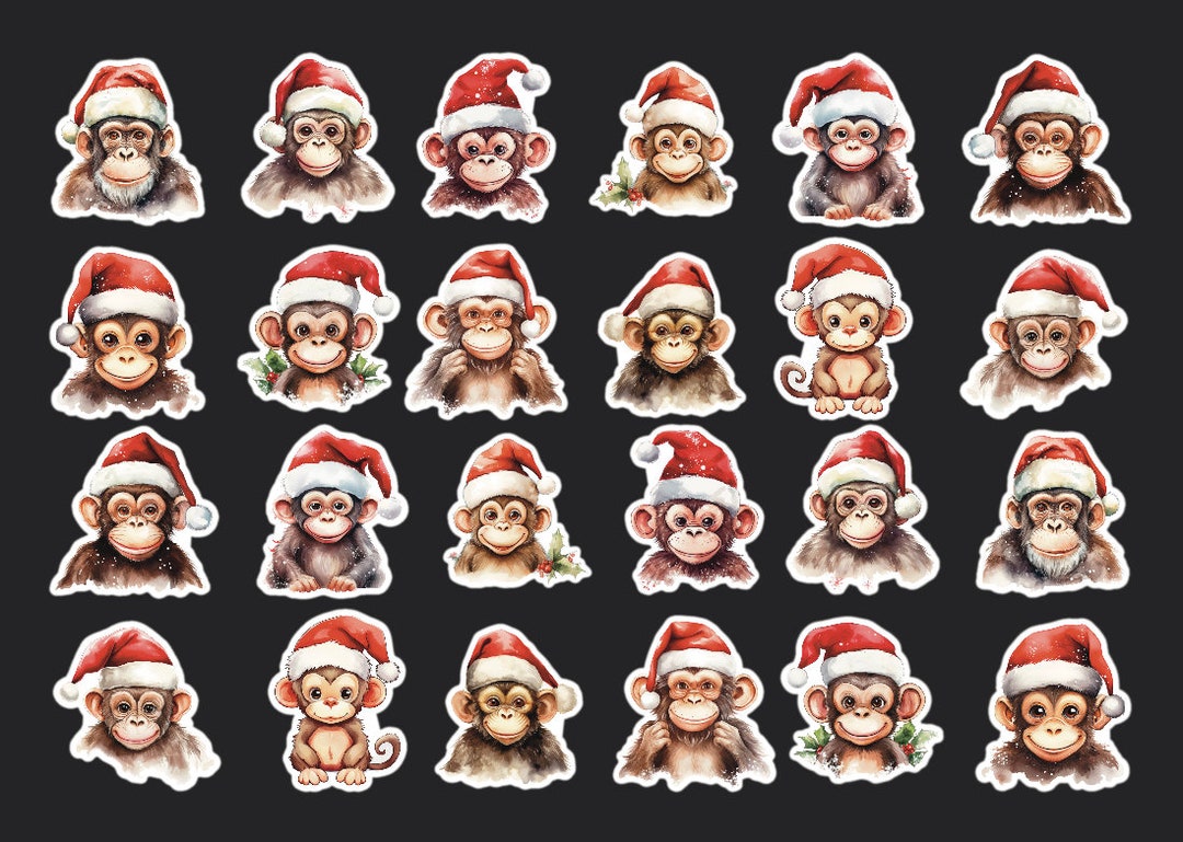 Monkey Stickers, Set 24 Stickers, Christmas Stickers, Journal Sticker ...