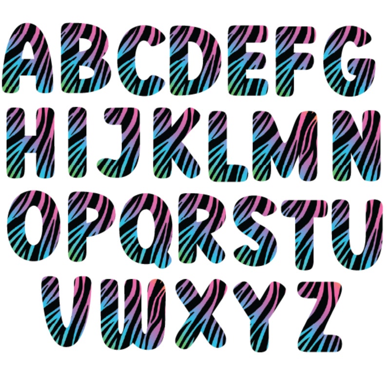 Rainbow Zebra Bubble Letters PNG With Doodle Outline Safari - Etsy