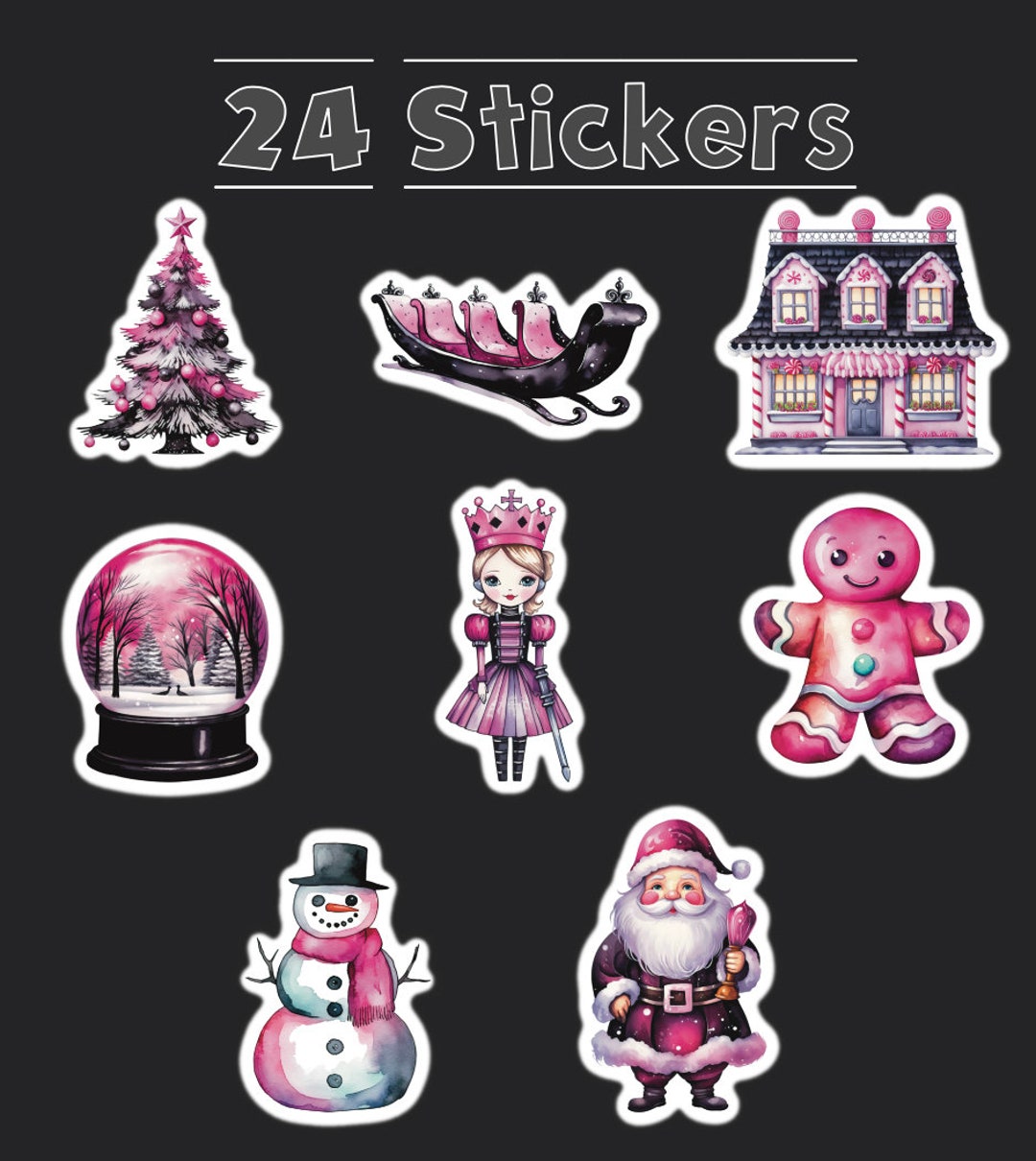 Black & Pink Christmas Stickers, Set 24 Stickers, Christmas Stickers ...