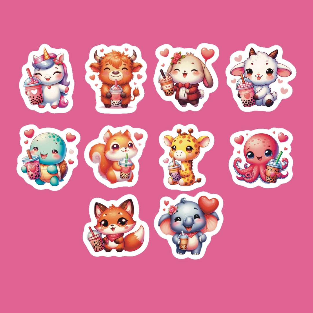 Animal Drinking Boba Stickers, Set of 20 Stickers, Valentine Stickers ...
