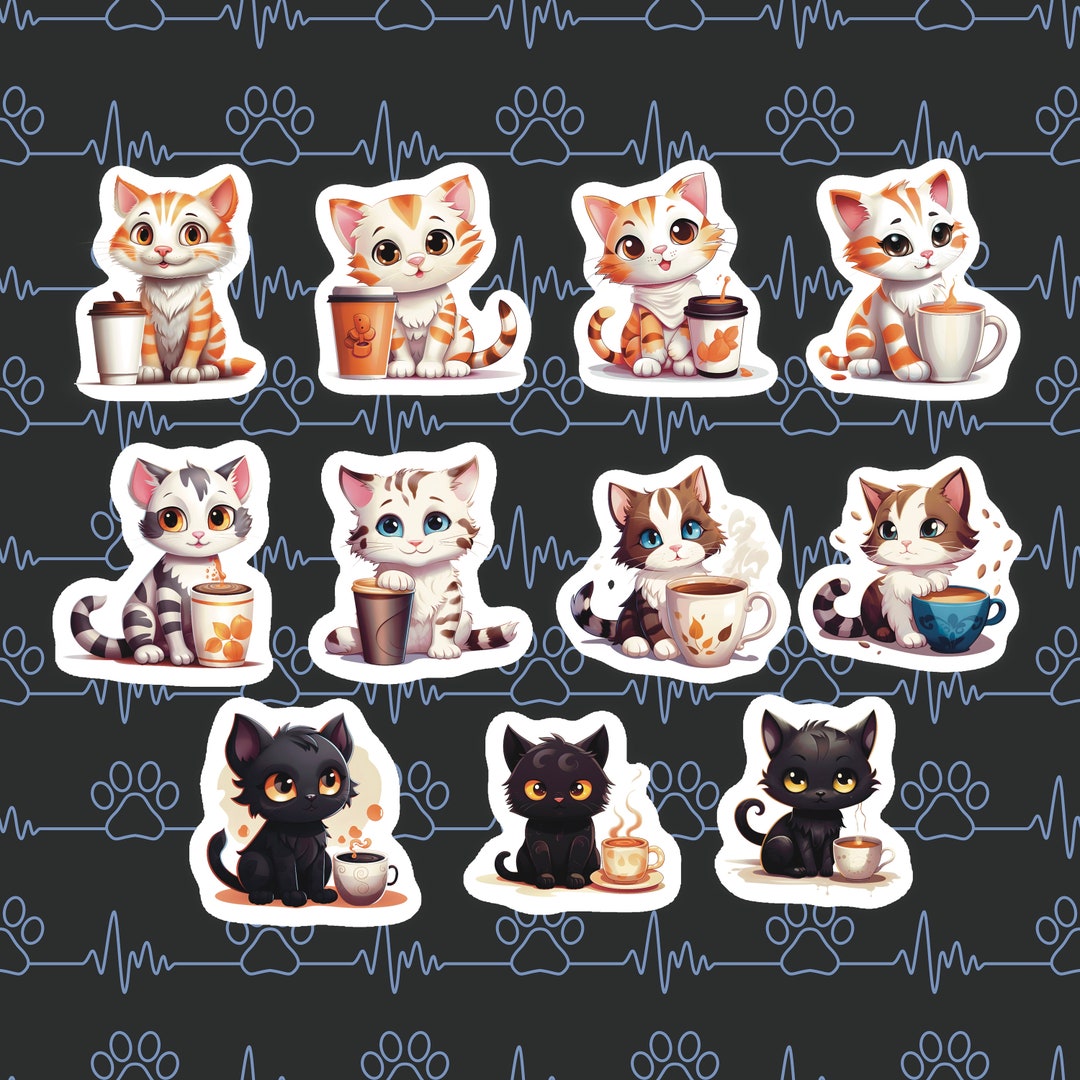 Cats With Coffee Stickers, Set of 22 Stickers, Cat Stickers, Kitten ...