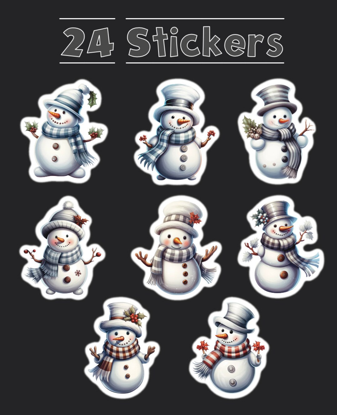 Silver Snowmen Stickers, Set of 24 Stickers, Christmas Stickers ...