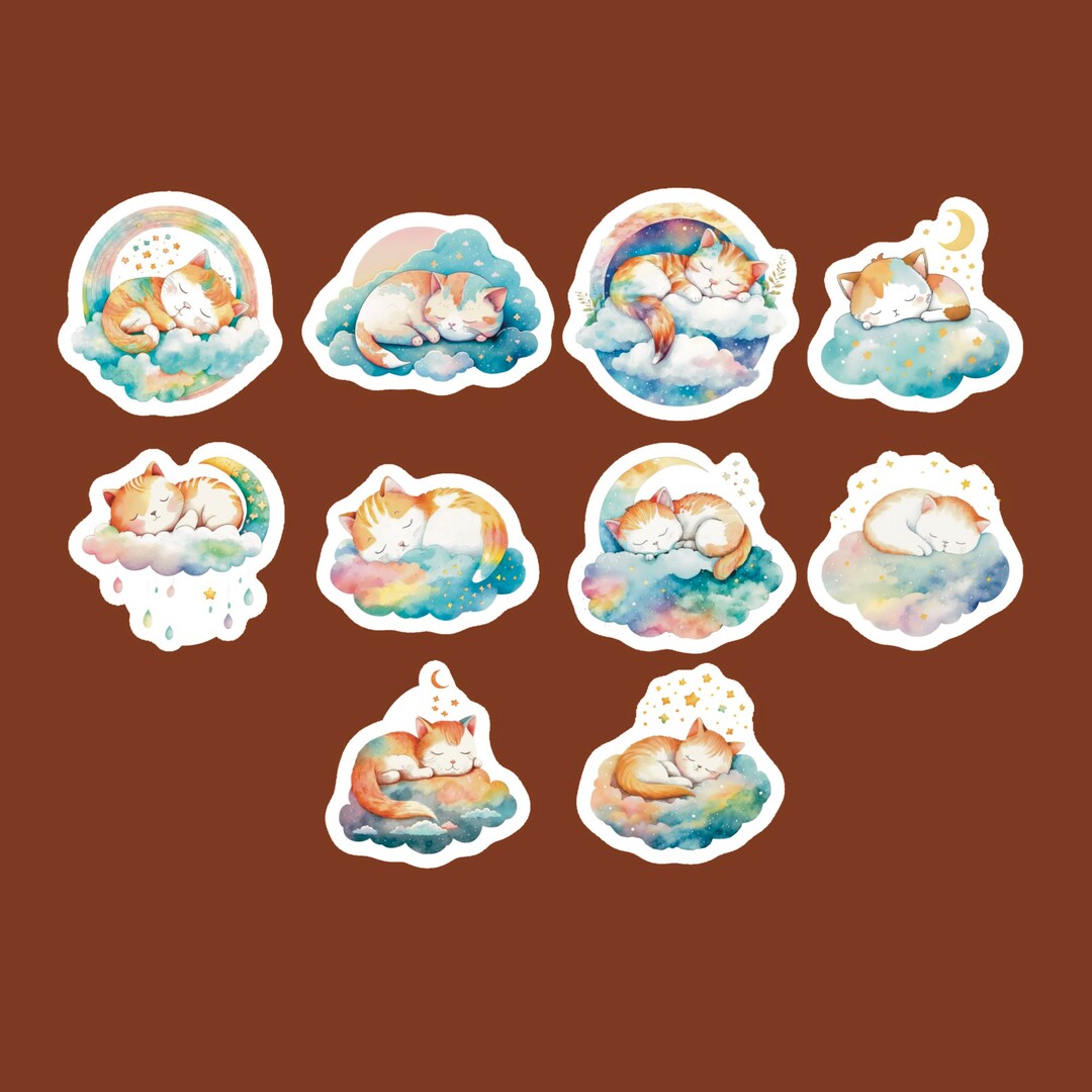 Cats Sleeping in A Cloud Stickers, Set of 20 Stickers, Cat Sticker ...