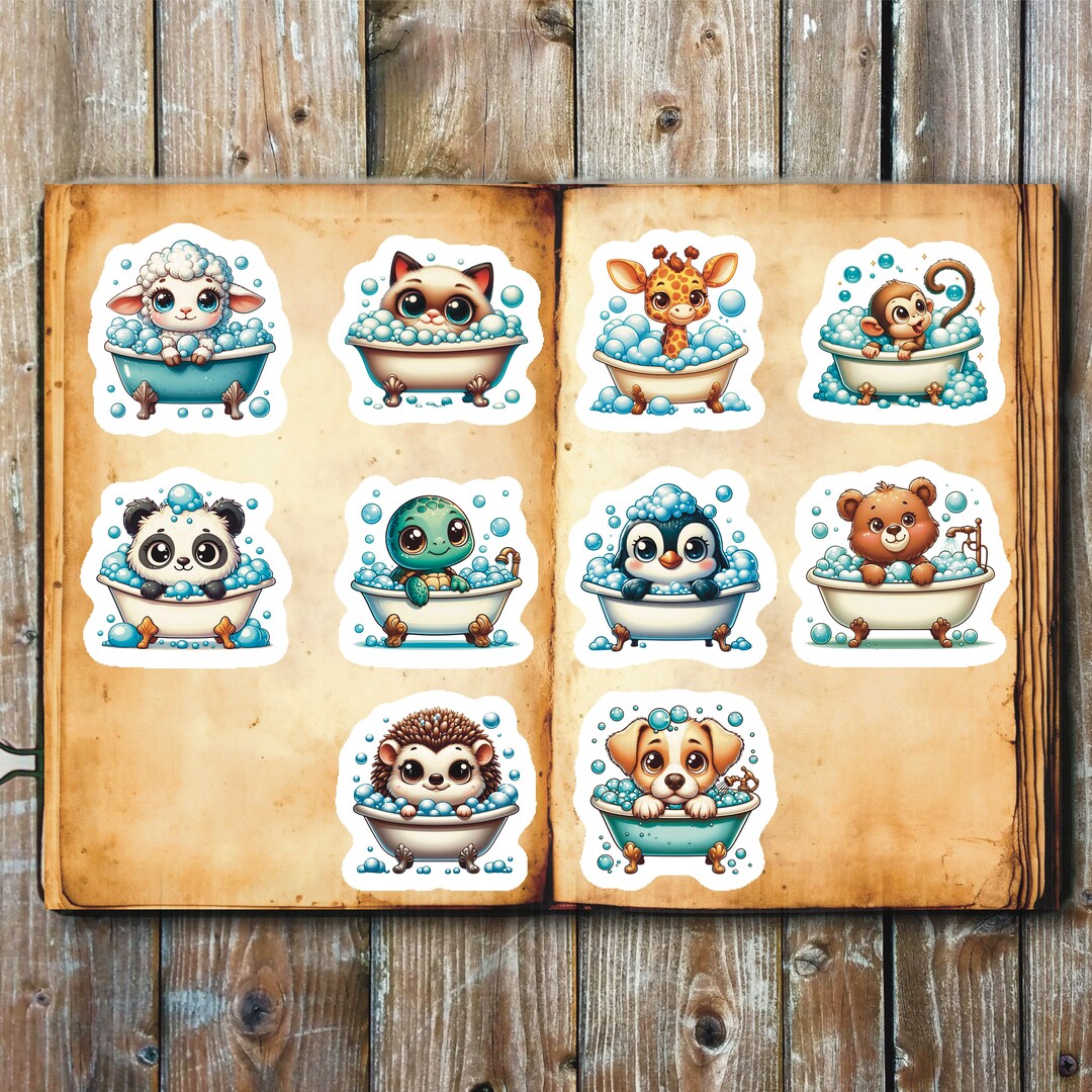 Animals in Bubble Bath Stickers, Set of 20 Stickers, Animal Stickers ...