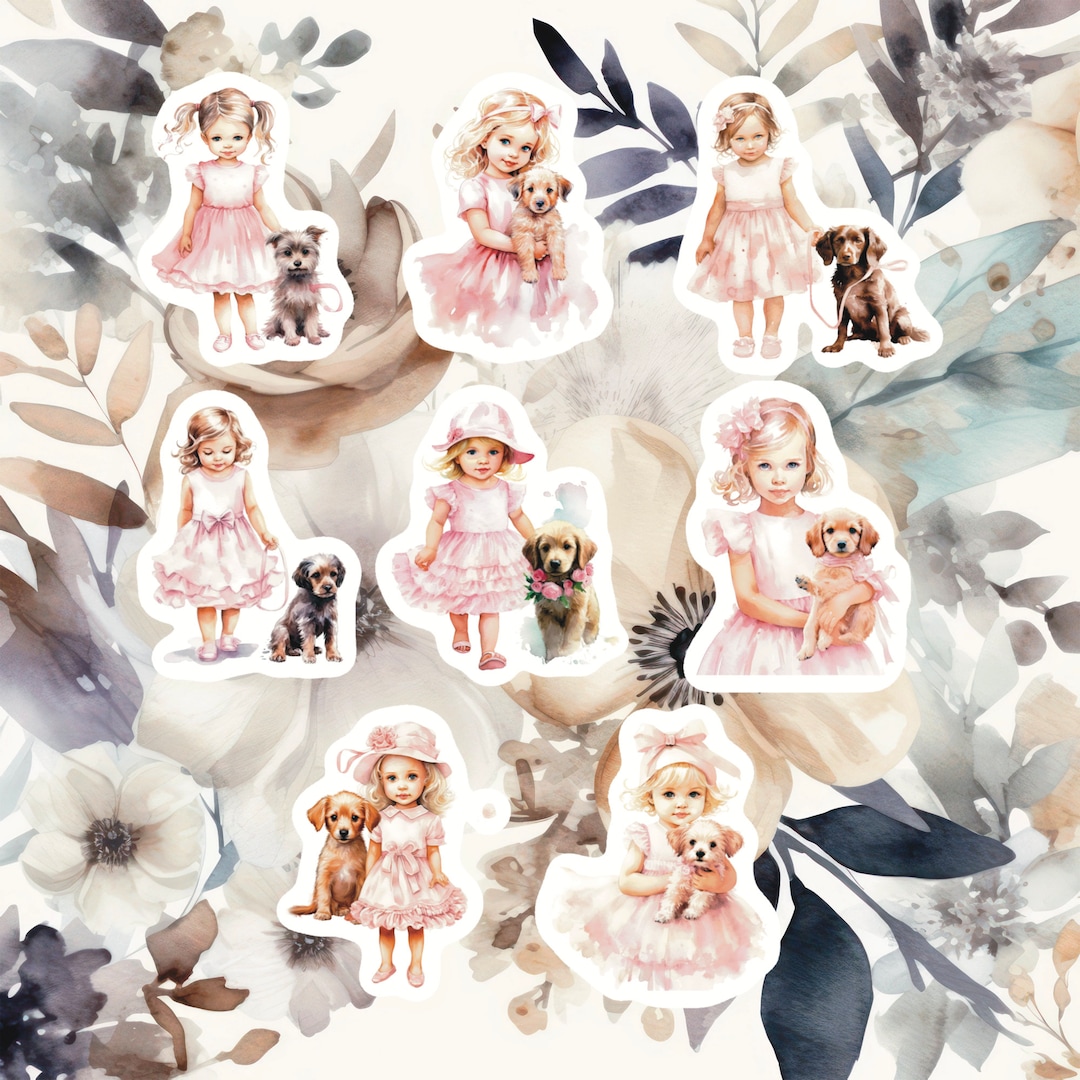 Little Girl in Pink With Dog Stickers, Set of 24 Stickers, Girl ...