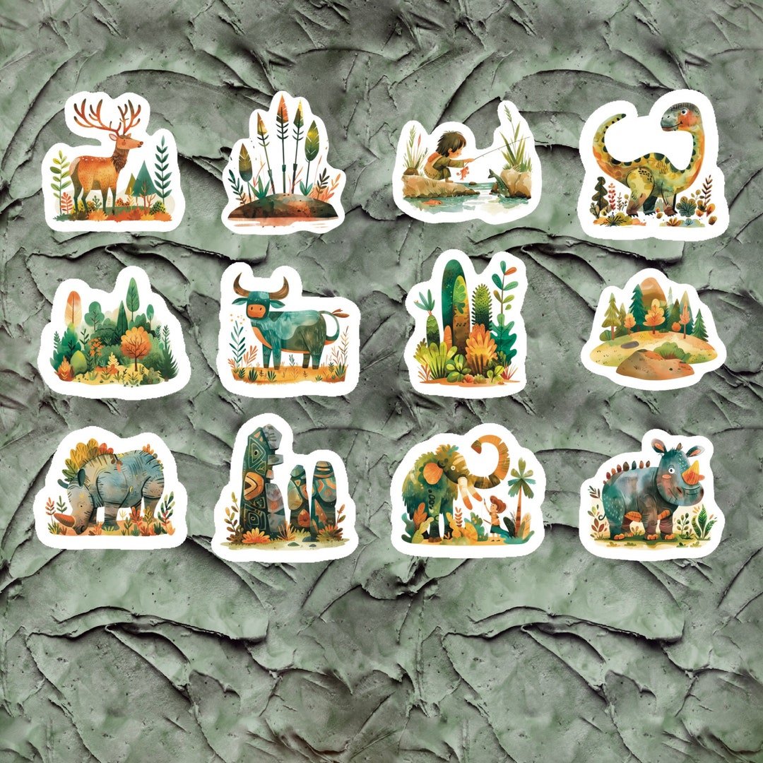 Caveman Stickers, Set of 24 Stickers, Dinosaur Stickers, Animal ...