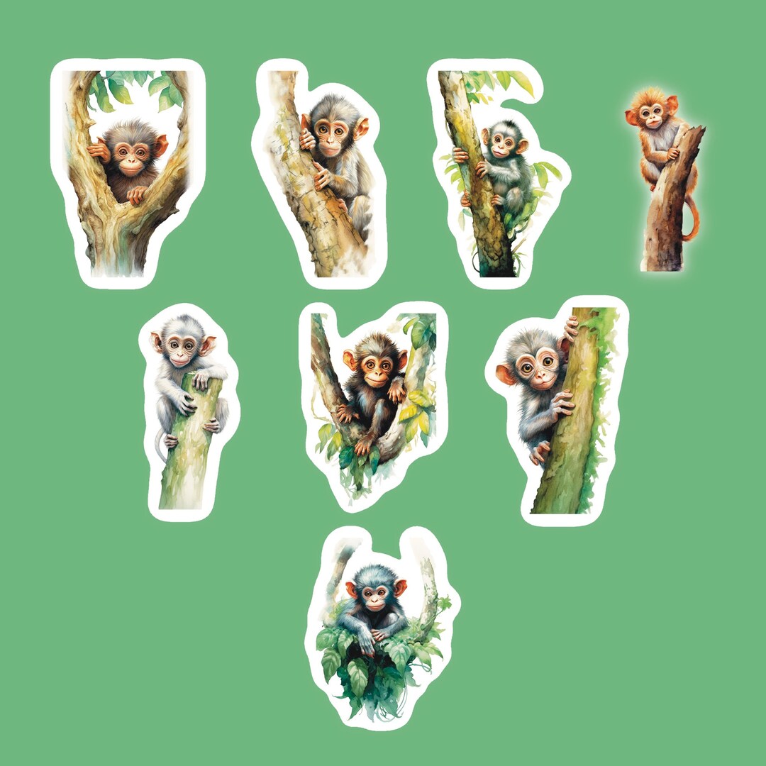 Monkey in Jungle Stickers, Set of 24 Stickers, Forest Stickers, Jungle ...