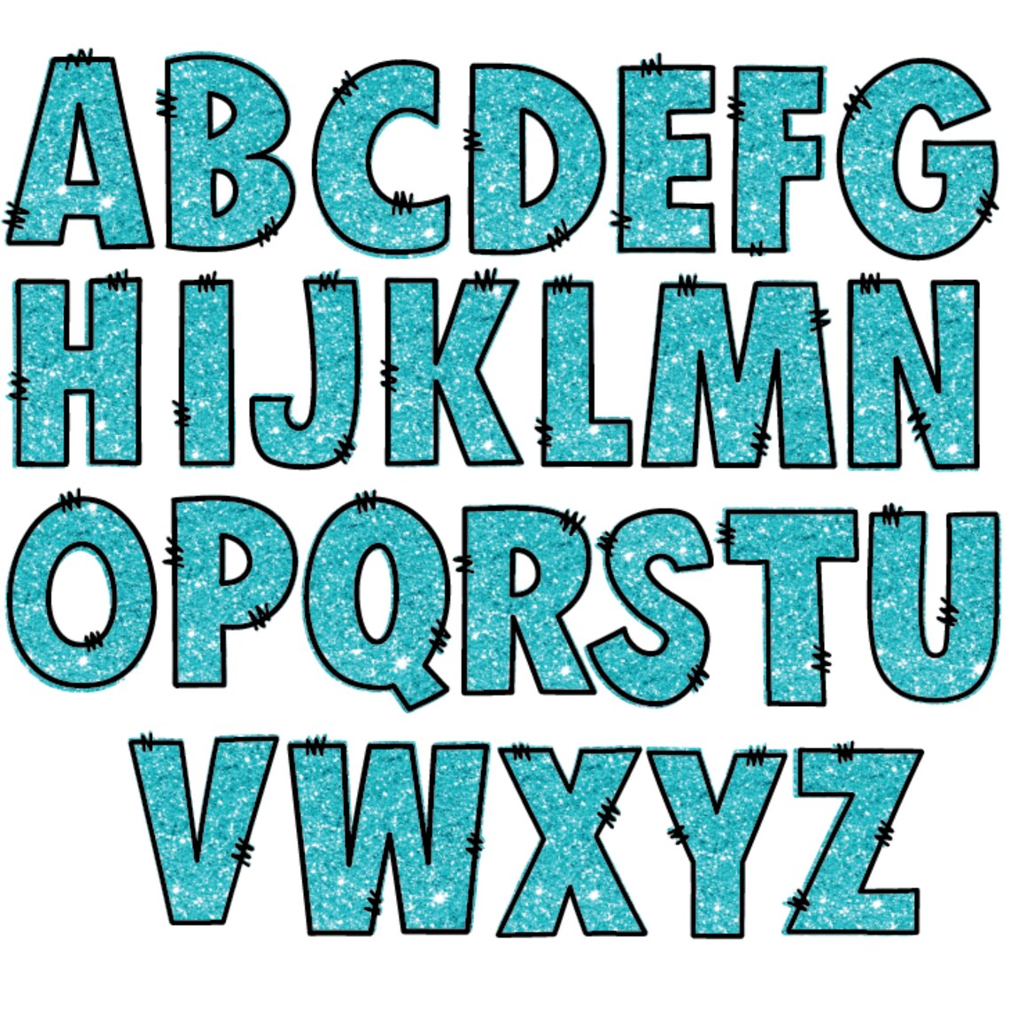 Aqua Glitter Doodle Letters PNG With Doodle Outline Sparkle - Etsy