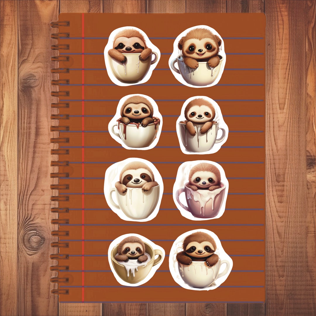 Coffee Cup Sloth Stickers, Set of 24 Stickers, Die Cut Sticker, Journal ...