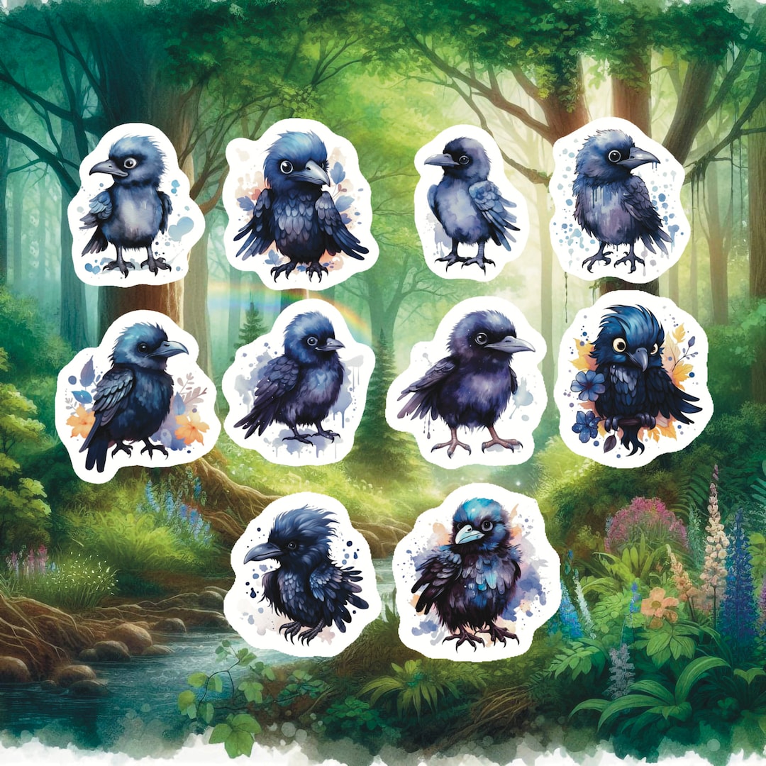 Watercolor Raven Stickers, Set of 20 Stickers, Raven Stickers, Black ...