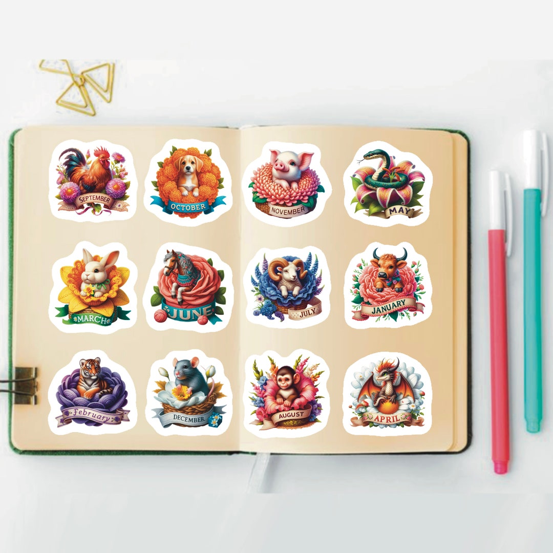 Animal Birth Month Stickers, Set of 24 Stickers, Birth Month Stickers ...