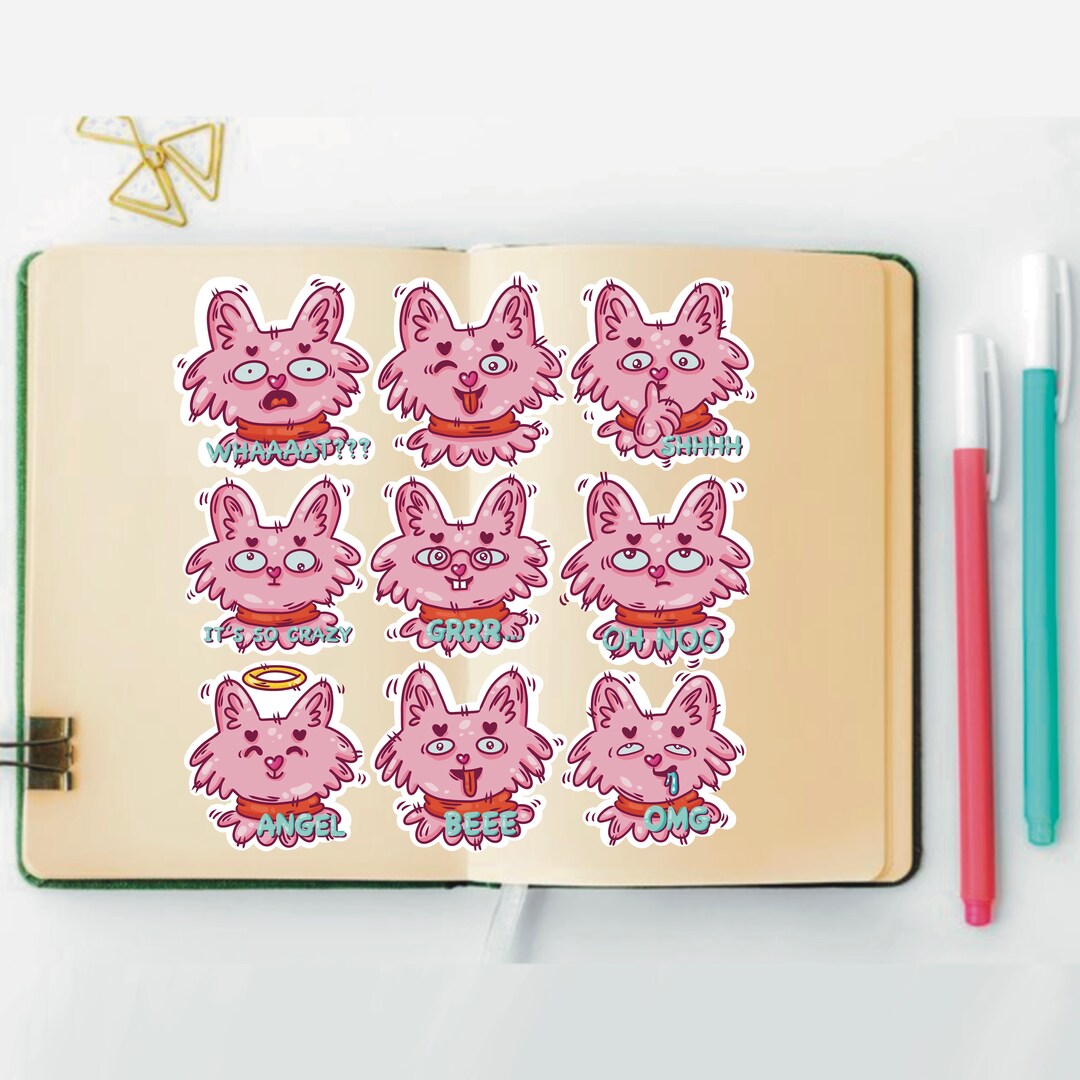 Funny Pink Cat Stickers, Set of 18 Stickers, Pink Cat Stickers, Cat ...