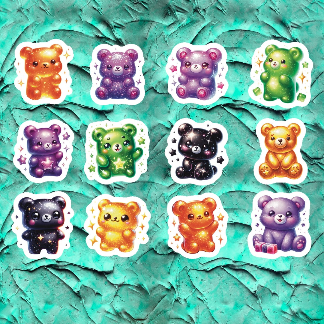 Glittering Gummy Bear Stickers, Set of 24 Stickers, Colorful Gummy Bear ...